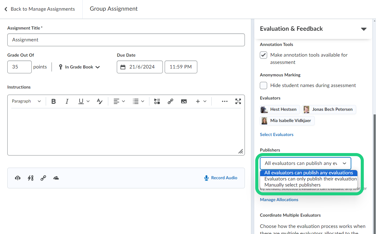 DTU Learn Support - Selecting Evaluators for an Assignment