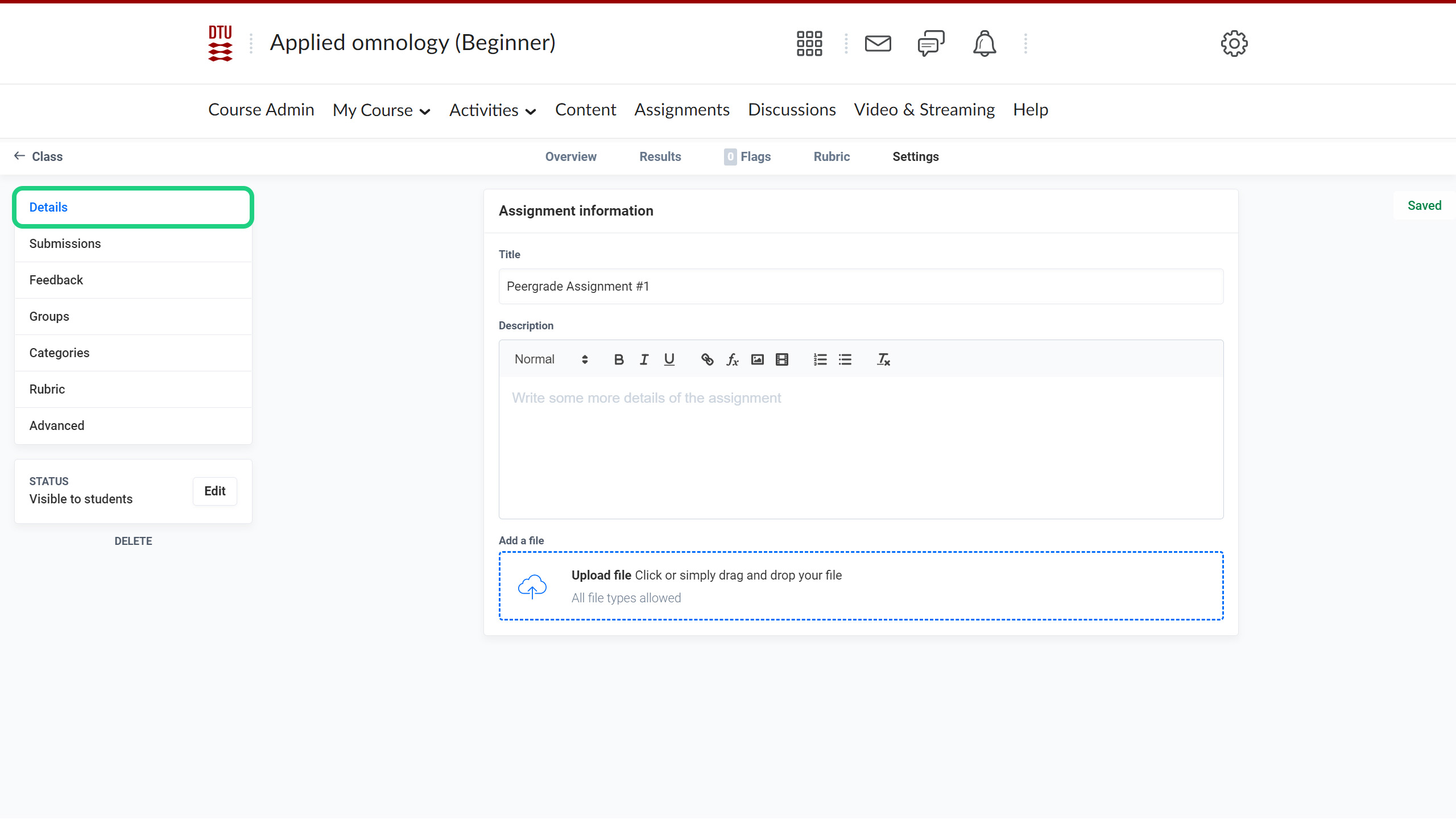 DTU Learn Support Peergrade Assignment Settings